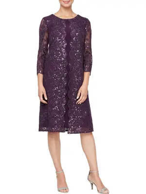 Alex Evenings Alex Evenings Embroidered Mock Jacket Cocktail Dress Eggplant