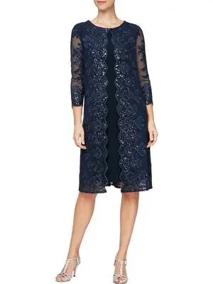 Alex Evenings Alex Evenings Embroidered Mock Jacket Cocktail Dress Navy