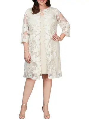 Alex Evenings Alex Evenings Embroidered Mock Jacket Cocktail Dress Taupe