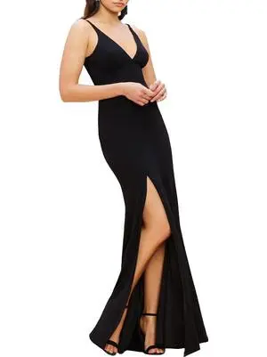 Dress The Population Iris Slit Crepe Gown - Black