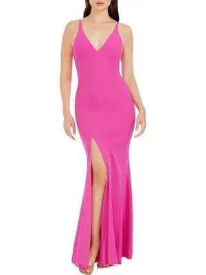 Dress The Population Iris Slit Crepe Gown - Bright Fuchsia