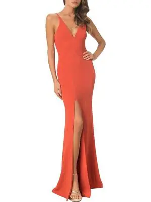 Dress The Population Iris Slit Crepe Gown - Rubious