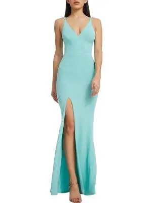 Dress The Population Iris Slit Crepe Gown - Tranquil Blue