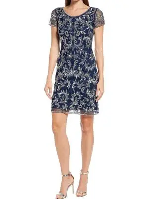 Pisarro Nights Beaded Mesh Cocktail Dress - Navy