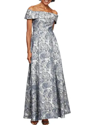 Alex Evenings Floral Brocade Off-the-shoulder Gown - Silver Multi