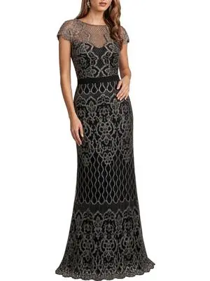Tadashi Shoji Tadashi Shoji Sequin Lace Illusion Gown Dark Pearl/black