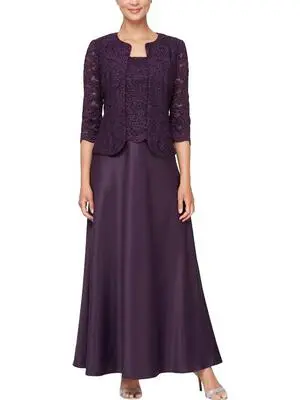 Alex Evenings Embroidered Lace Gown With Jacket - Eggplant