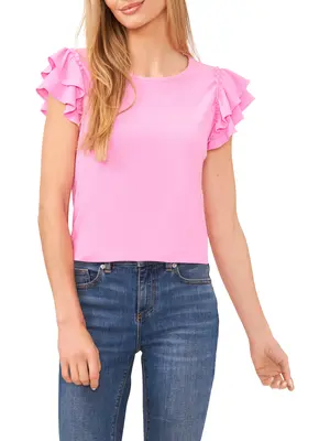 CECE DUPRAZ CeCe Double Ruffle Knit Top Bright Peony Pink
