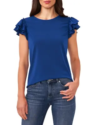 CECE DUPRAZ CeCe Double Ruffle Knit Top Cerulean Blue