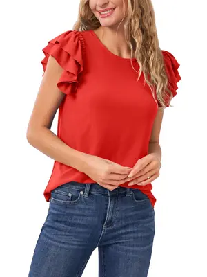 CECE DUPRAZ CeCe Double Ruffle Knit Top Coral Sunset