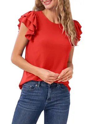 CECE DUPRAZ CeCe Double Ruffle Knit Top Fireball