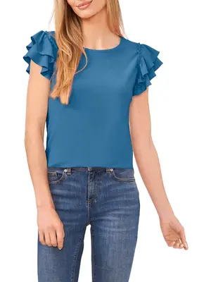 CECE DUPRAZ CeCe Double Ruffle Knit Top Mallard Blue