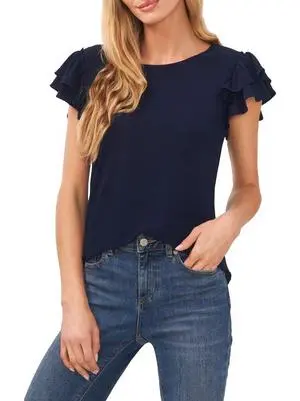 CECE DUPRAZ CeCe Double Ruffle Knit Top Navy Blue Jay