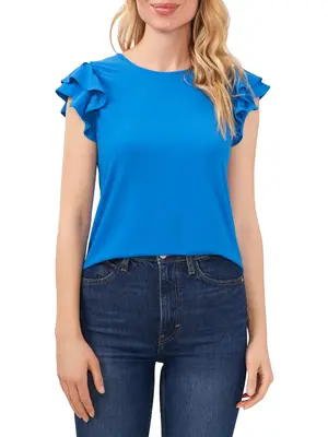 CECE DUPRAZ CeCe Double Ruffle Knit Top Ocean Blue