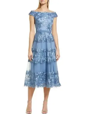 Tadashi Shoji Embroidered Off-the-Shoulder Midi Dress Blue Stone