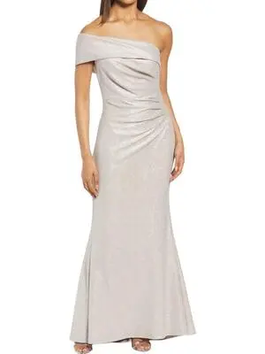 Eliza J One-shoulder Glitter Mermaid Gown - Champagne