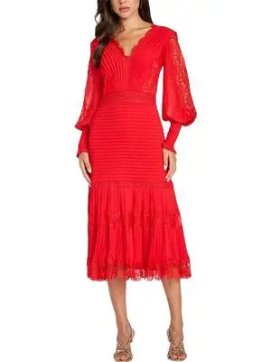 Tadashi Shoji Lace Pintuck Long-sleeve Cocktail Dress - Cherry