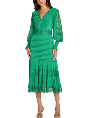 Tadashi Shoji Lace Pintuck Long-sleeve Cocktail Dress - Gucci Green