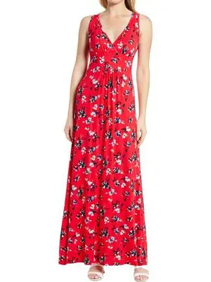 Loveappella Floral V-neck Jersey Maxi Dress - Red
