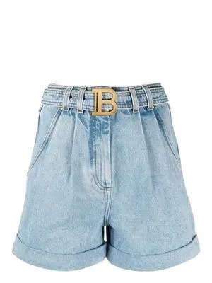 Balmain Belted High-waisted Pleated Denim Shorts - Blue