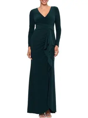 Betsy & Adam Cascade Ruffle Stretch Jersey Gown - Pine