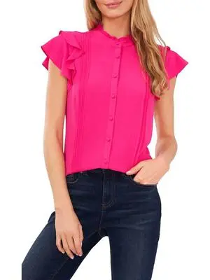 CECE DUPRAZ Pintuck Ruffle Short Sleeve Blouse - Bright Rose