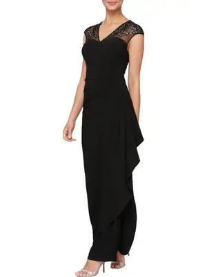 Alex Evenings Illusion Lace Matte Jersey Column Gown - Black