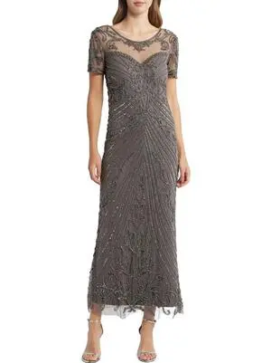 Pisarro Nights Pisarro Nights Illusion Beaded Mesh Column Gown Aluminum