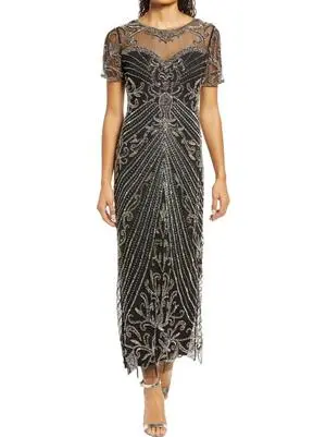 Pisarro Nights Illusion Beaded Mesh Column Gown - Black