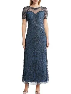 Pisarro Nights Illusion Beaded Mesh Column Gown - Coastal Blue 455