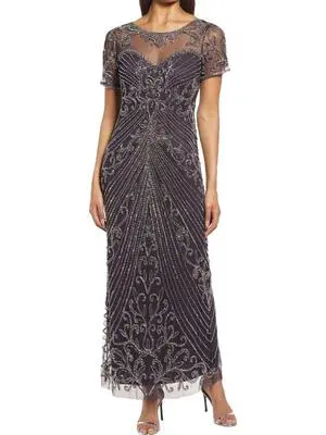 Pisarro Nights Pisarro Nights Illusion Beaded Mesh Column Gown Eggplant