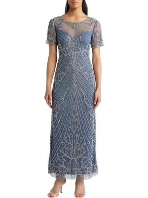 Pisarro Nights Illusion Beaded Mesh Column Gown - Grey 020