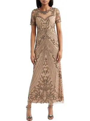 Pisarro Nights Pisarro Nights Illusion Beaded Mesh Column Gown Rose