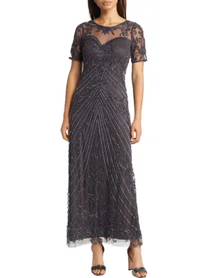 Pisarro Nights Pisarro Nights Illusion Beaded Mesh Column Gown Slate