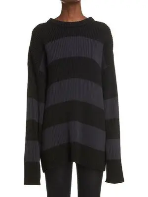 Balenciaga Stripe Logo Oversized Rib Cotton Sweater - Ink/black