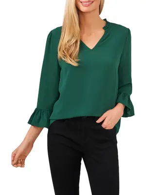CECE DUPRAZ CeCe Ruffle Cuff Crepe Top Alpine Green