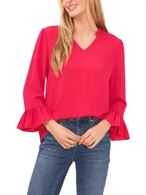 CECE DUPRAZ CeCe Ruffle Cuff Crepe Top Bright Geranium
