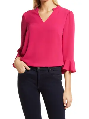 CECE DUPRAZ CeCe Ruffle Cuff Crepe Top Fuchsia Glow