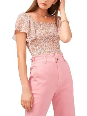 1.State Floral Print Flutter Sleeve Top Pink Blooms