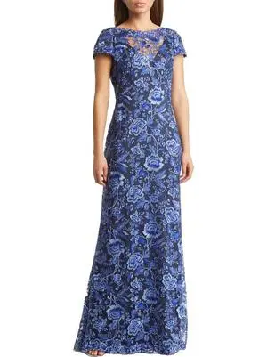 Tadashi Shoji Embroidered Lace Gown - Blue Violet/navy