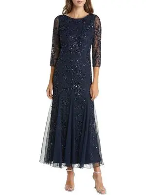 Pisarro Nights Illusion Sleeve Beaded A-line Gown - Dark Navy