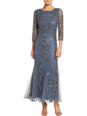 Pisarro Nights Pisarro Nights Illusion Sleeve Beaded A-Line Gown Deep Slate