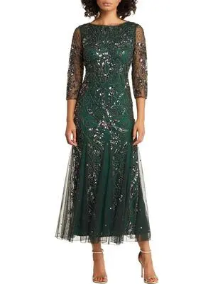 Pisarro Nights Pisarro Nights Illusion Sleeve Beaded A-Line Gown Hunter 346