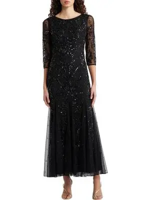 Pisarro Nights Illusion Sleeve Beaded A-line Gown - Jet Black 004