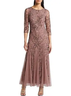 Pisarro Nights Pisarro Nights Illusion Sleeve Beaded A-Line Gown Mauve