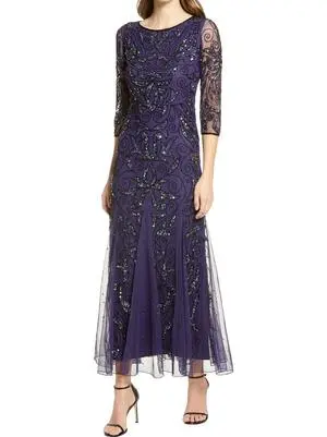 Pisarro Nights Pisarro Nights Illusion Sleeve Beaded A-Line Gown Midnight