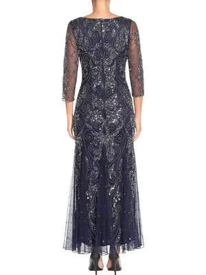 Pisarro Nights Pisarro Nights Illusion Sleeve Beaded A-Line Gown Navy