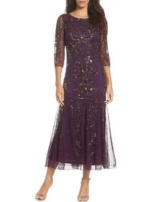Pisarro Nights Pisarro Nights Illusion Sleeve Beaded A-Line Gown Plum