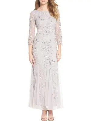 Pisarro Nights Illusion Sleeve Beaded A-line Gown - Silver