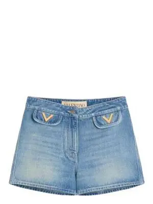 Valentino Garavani Denim Shorts With Floral Pocket Detail - Blue